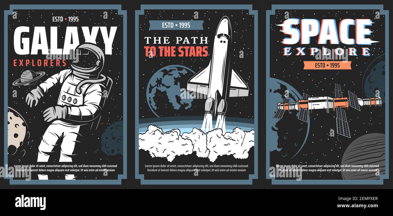 Space and galaxy explore program vector posters. Astronaut in cosmic ...