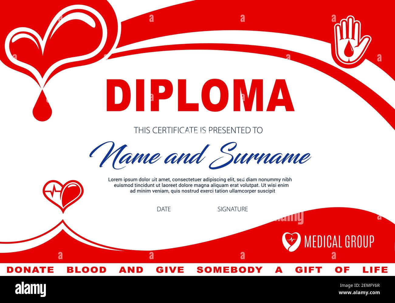 Diploma for blood or plasma donation, vector certificate template with ...