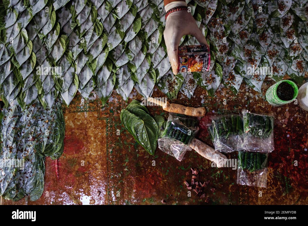 Paan (betel nuts) offered for sale at the traditional market in Yangon ...