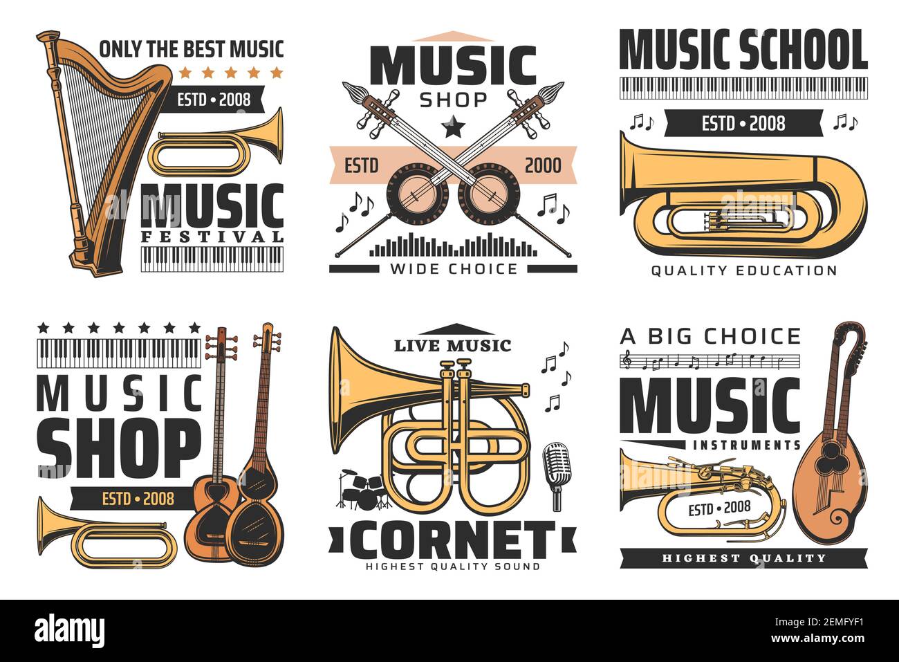 Music icons, concert festival and instruments shop, orchestra sound and ...