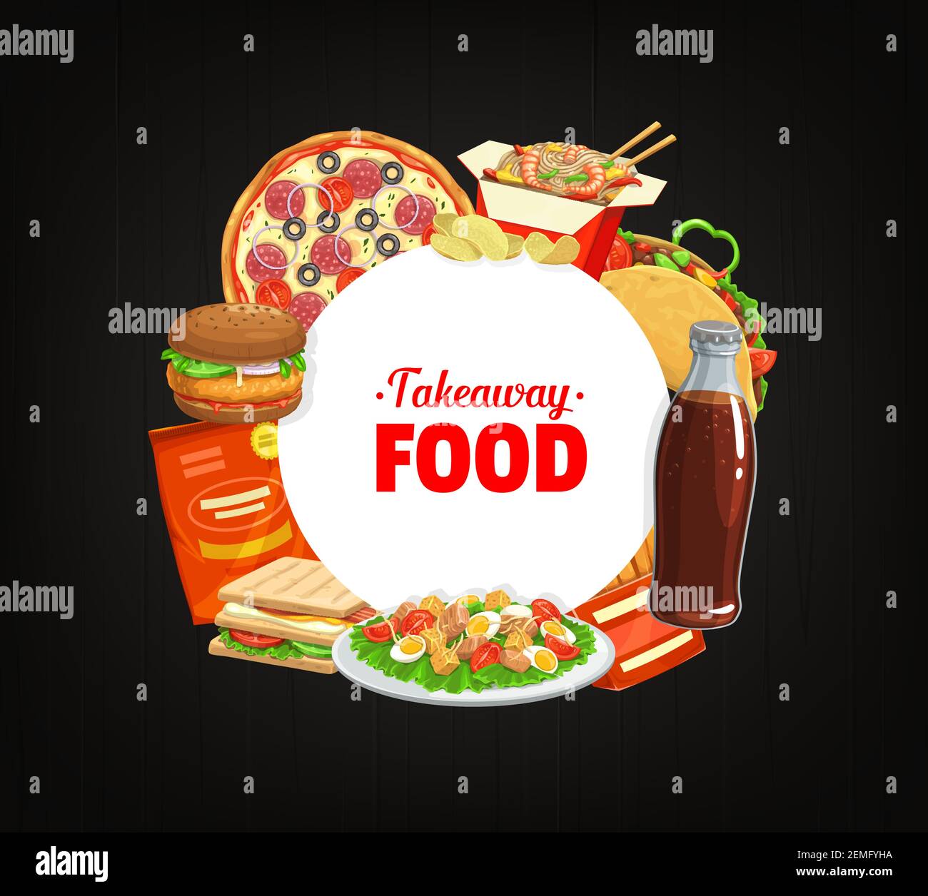 Fast food round banner vector pizza with sausages and tomatoes, noodles ...