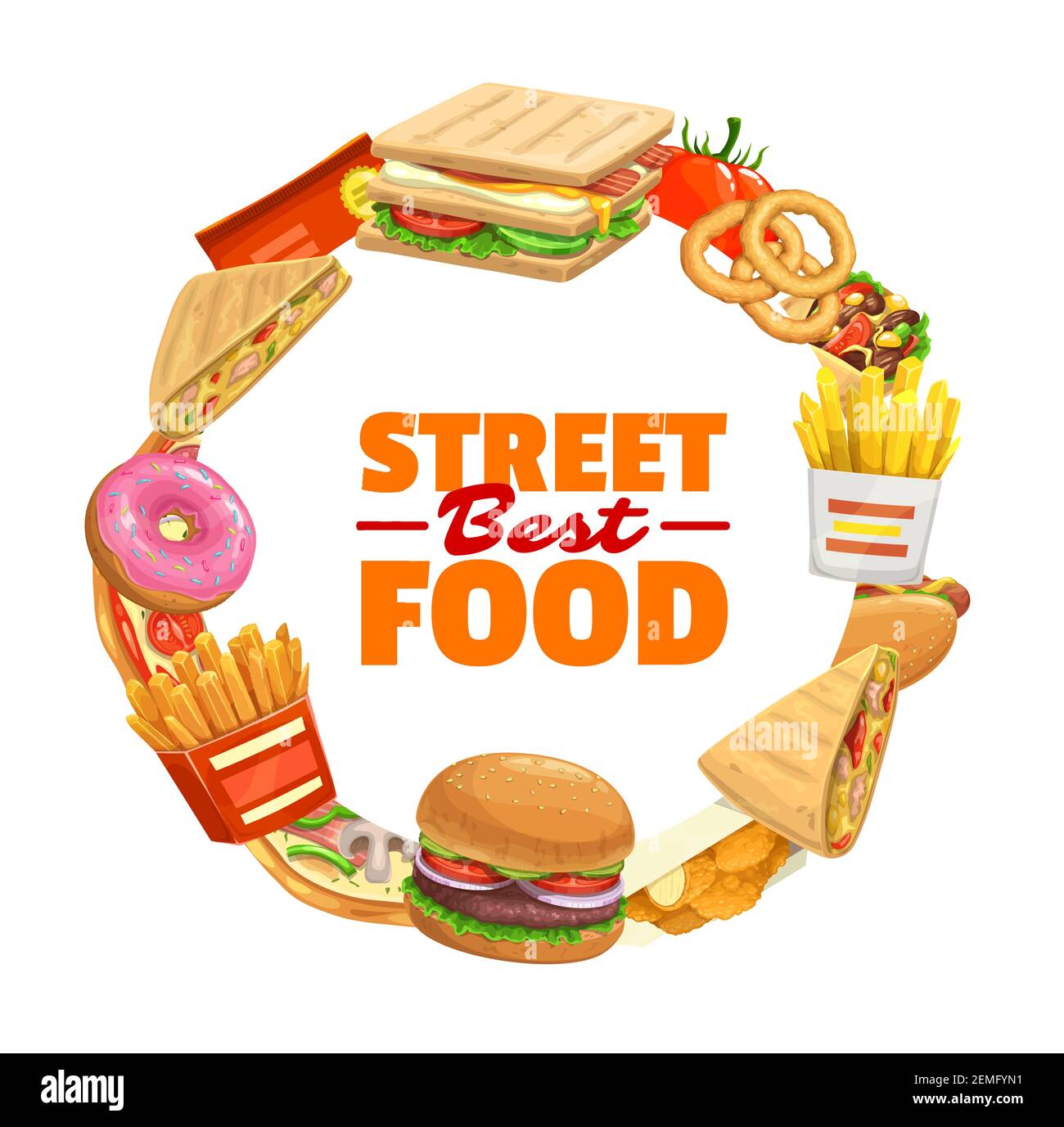 Fast food round banner vector sandwich, tomato and burritos with french ...