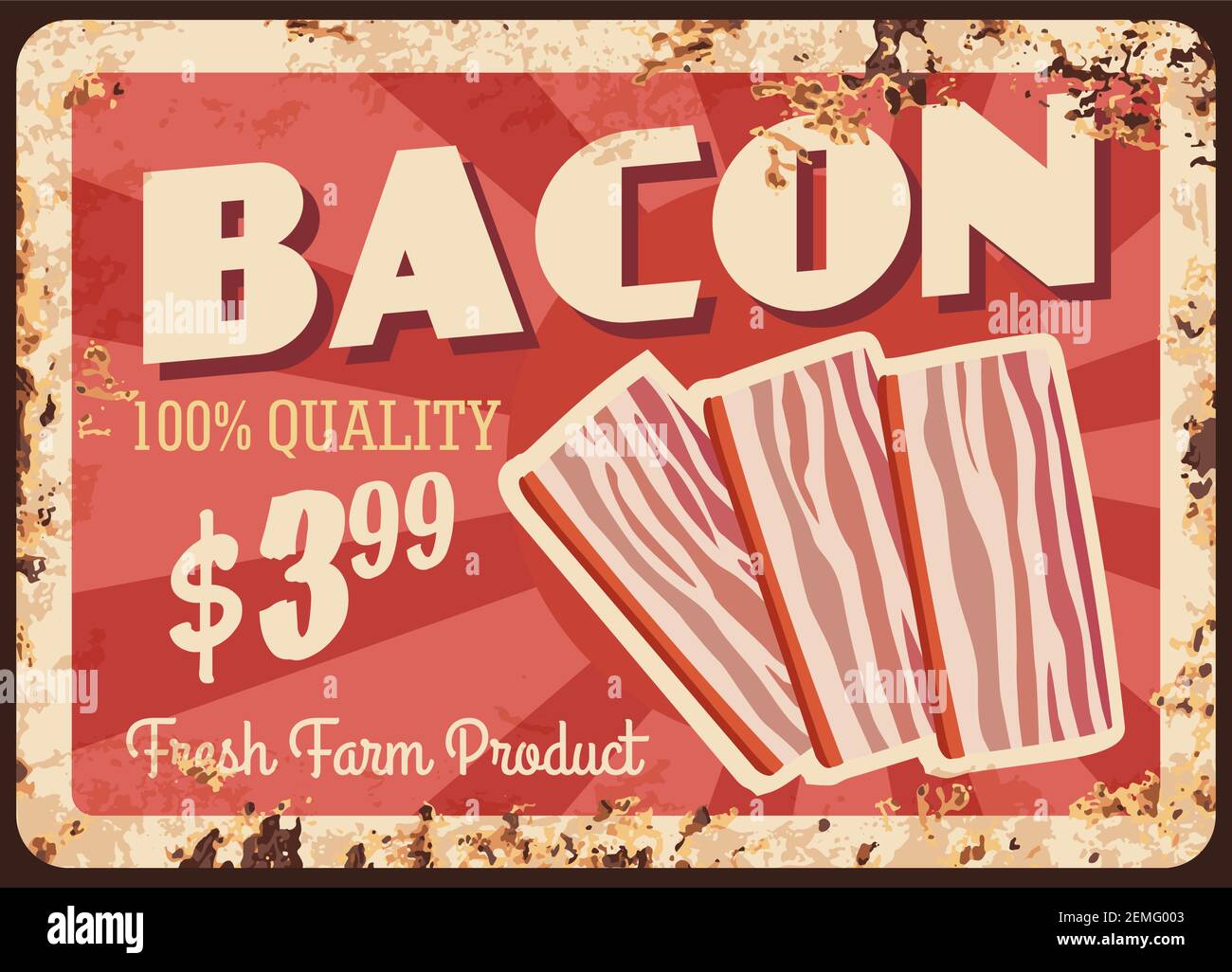 Bacon strips rusty metal plate, vector vintage rust tin sign with ...