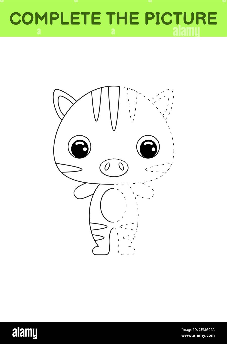 Complete drawn picture of cute zebra. Coloring book. Dot copy game ...