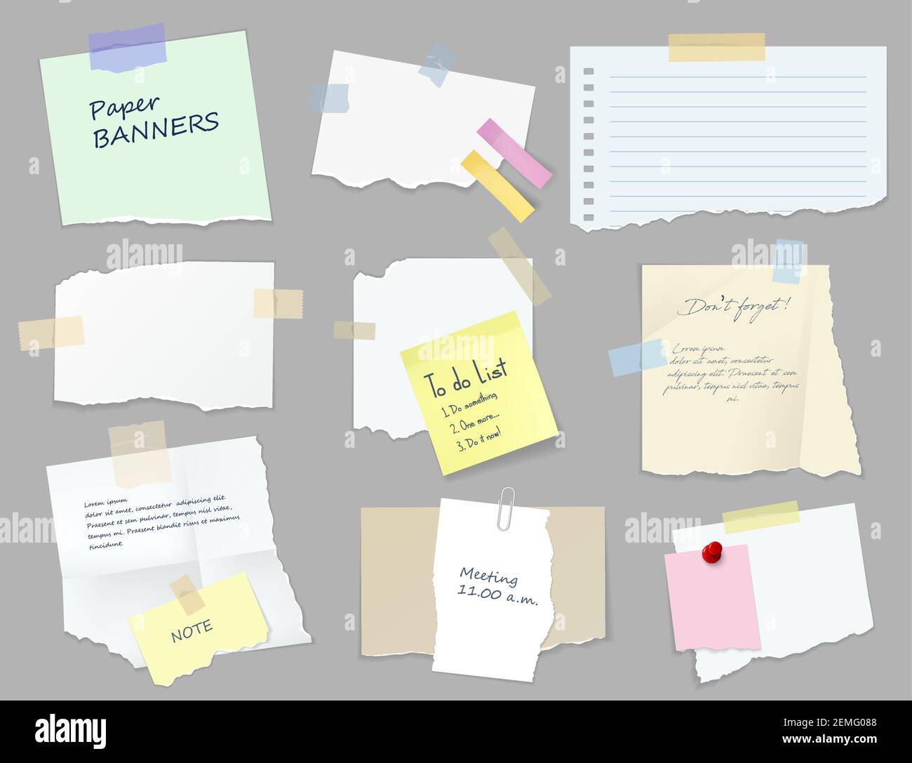 Paper sticky notes, banners, to do list or memo messages, notepads and ...