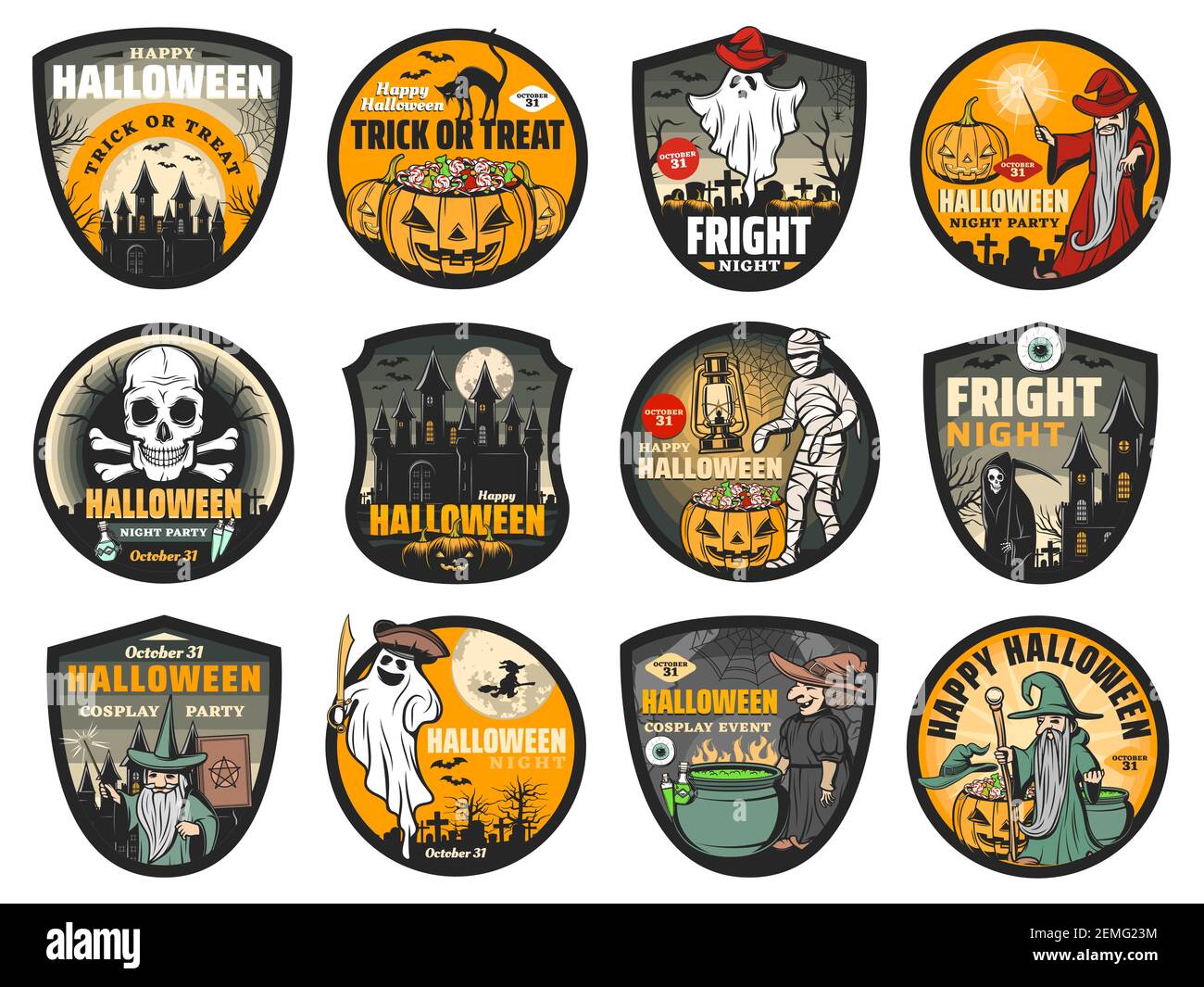 Halloween vector badges with pumpkins, horror ghosts and spooky bats ...