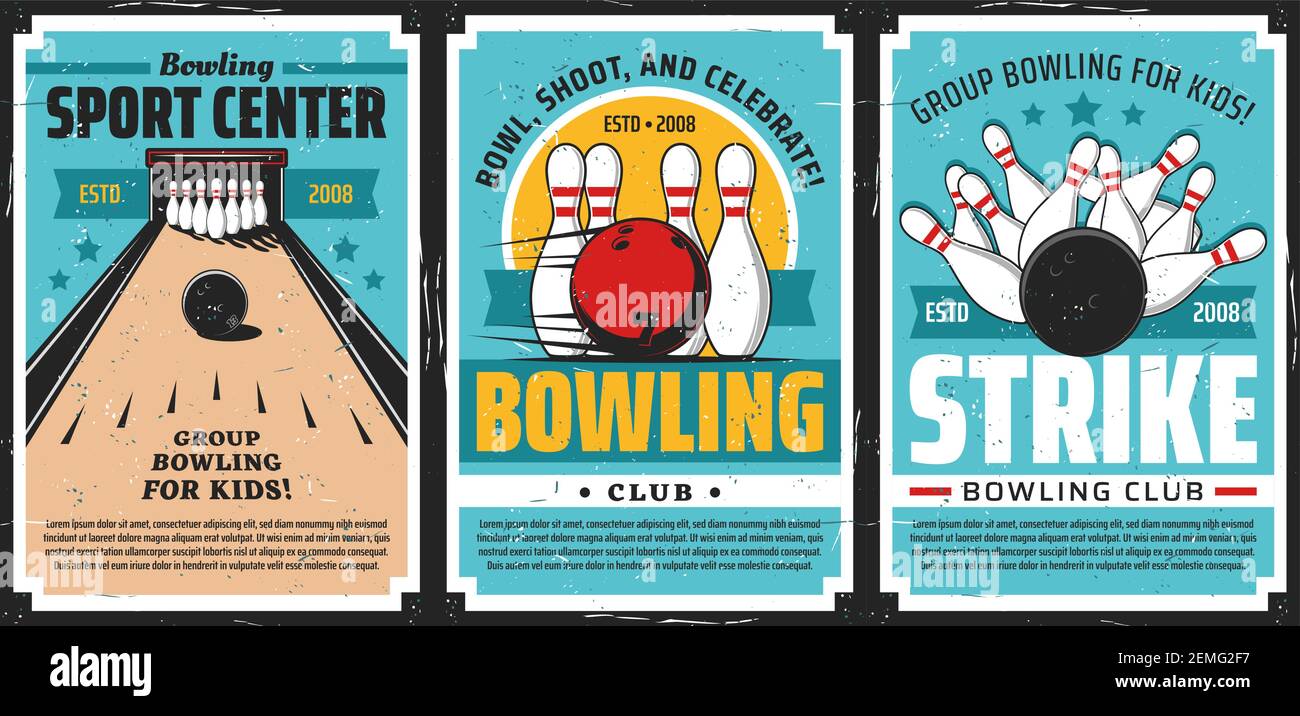 Bowling club posters, ball and pin strike sport tournament game center ...