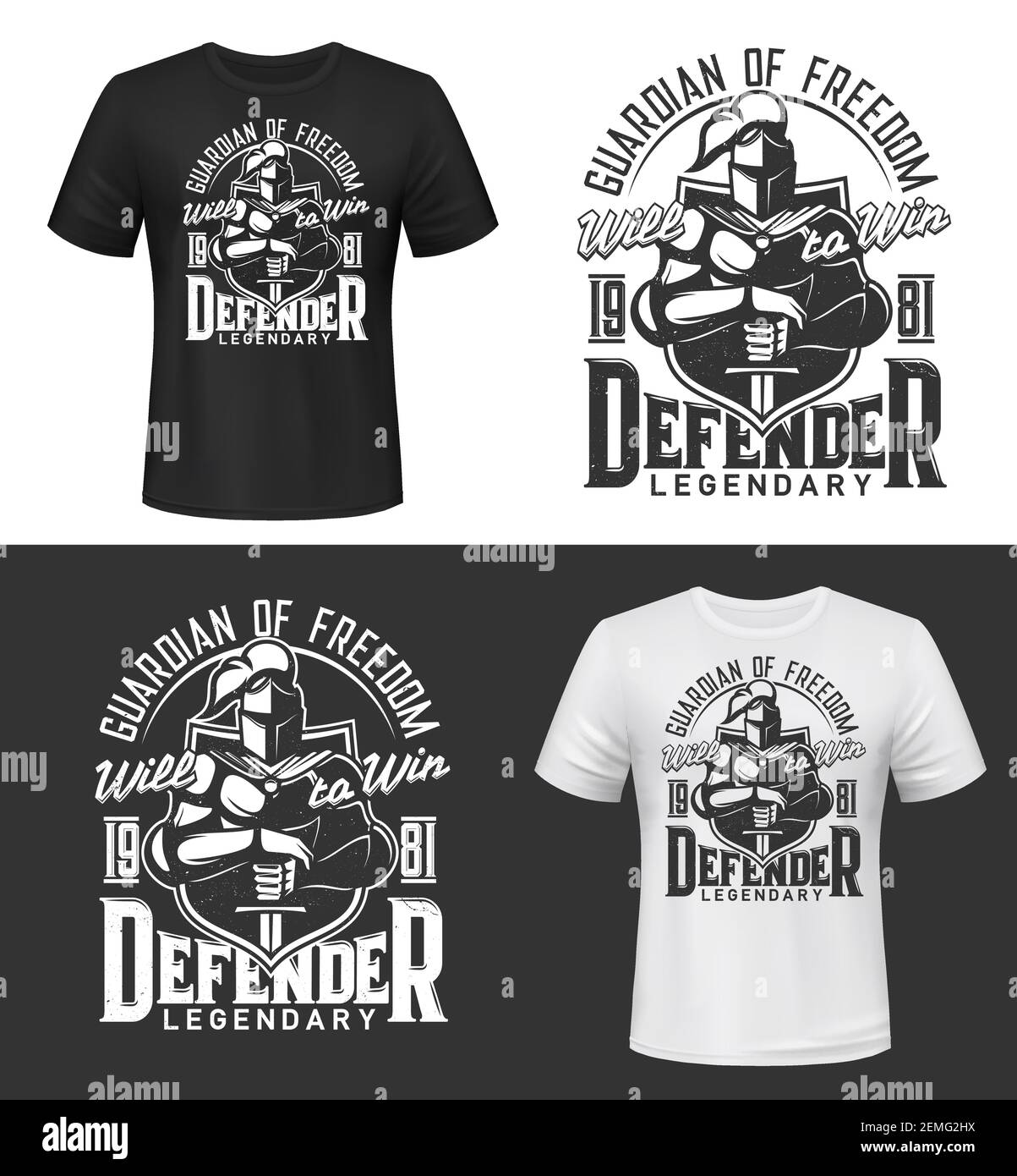 Tshirt print with knight and sword, vector mockup medieval warrior ...