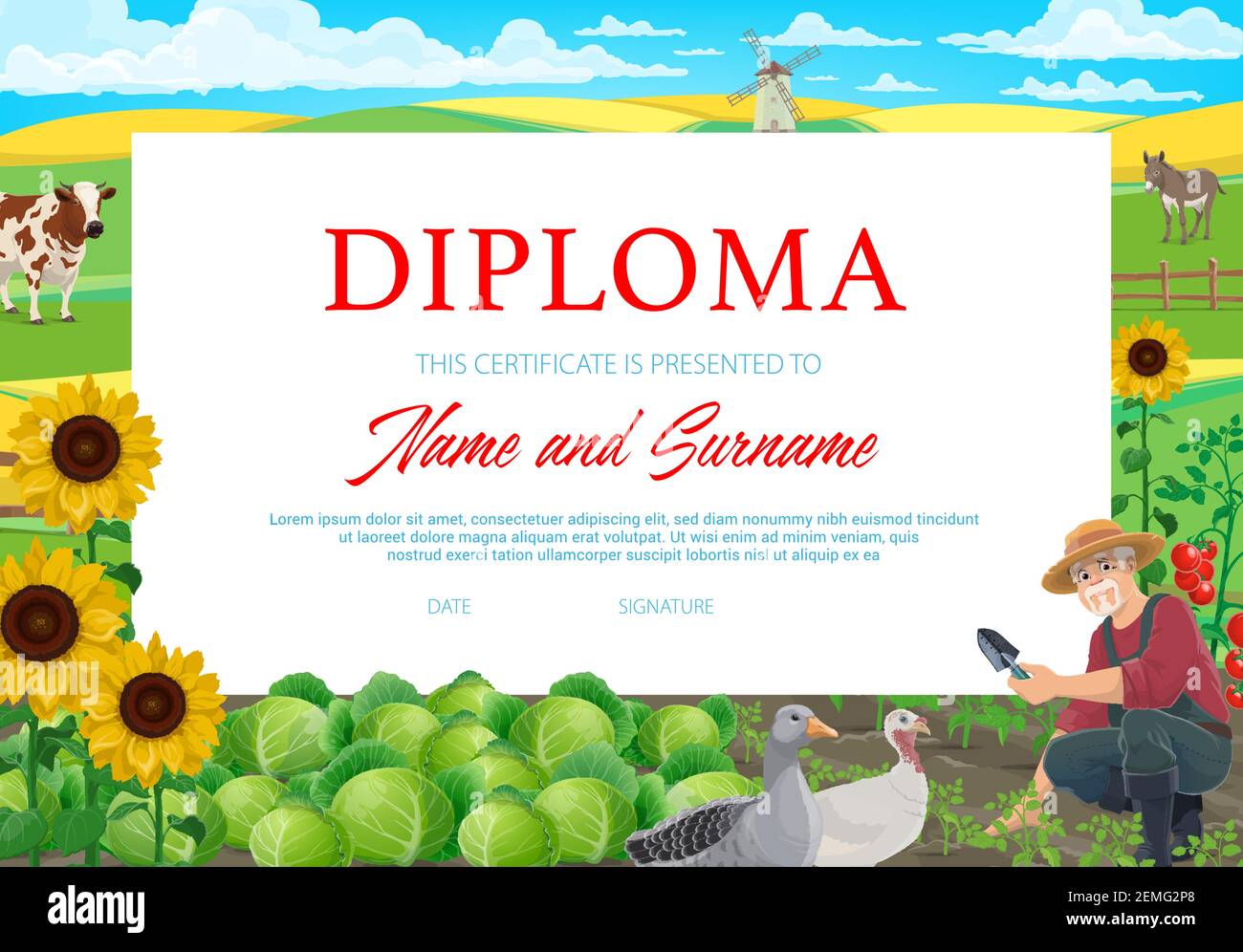 School or kindergarten diploma, vector certificate with farmer working ...