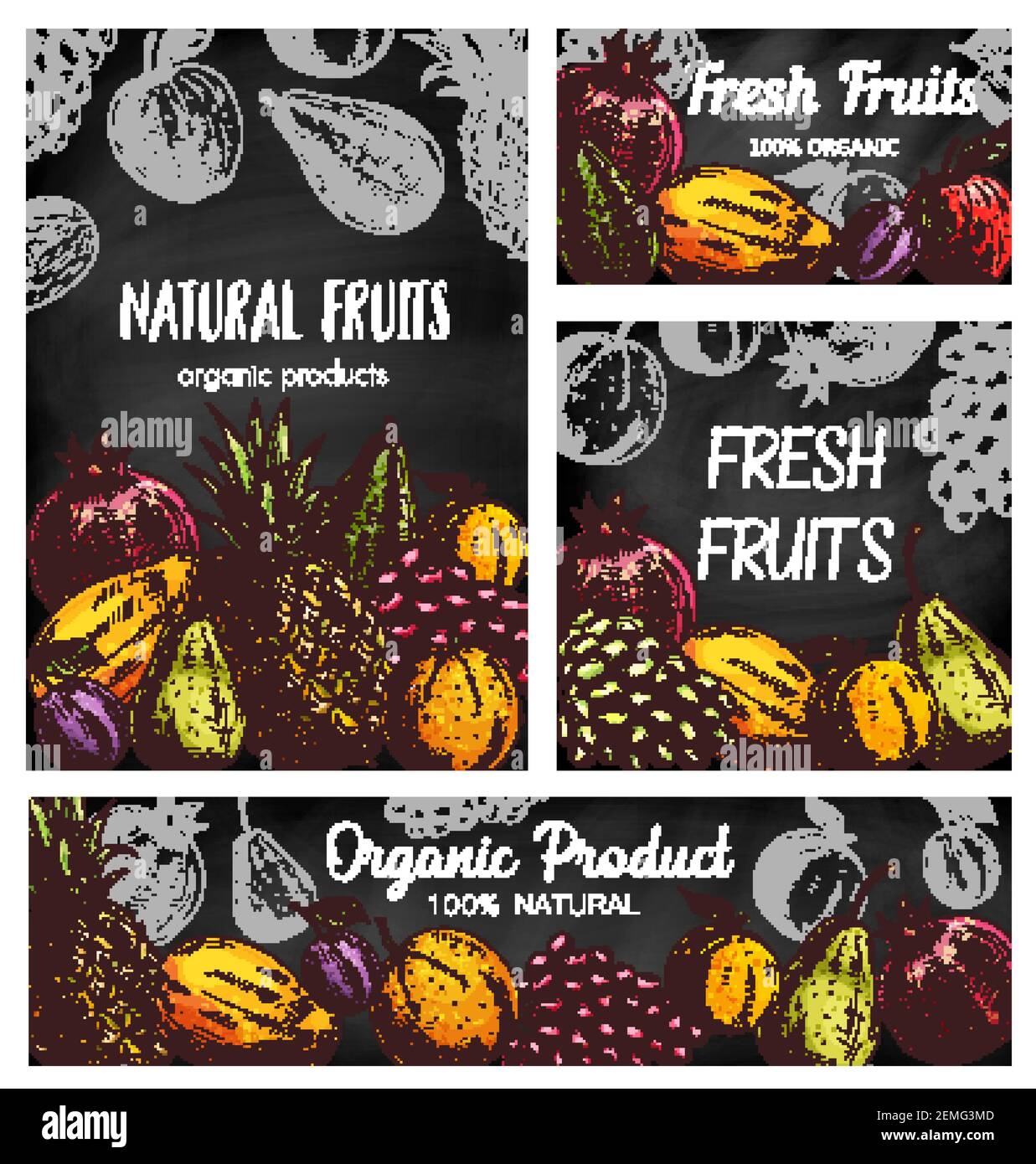 Fresh fruits vector sketch posters, natural pineapple, pomegranate ...