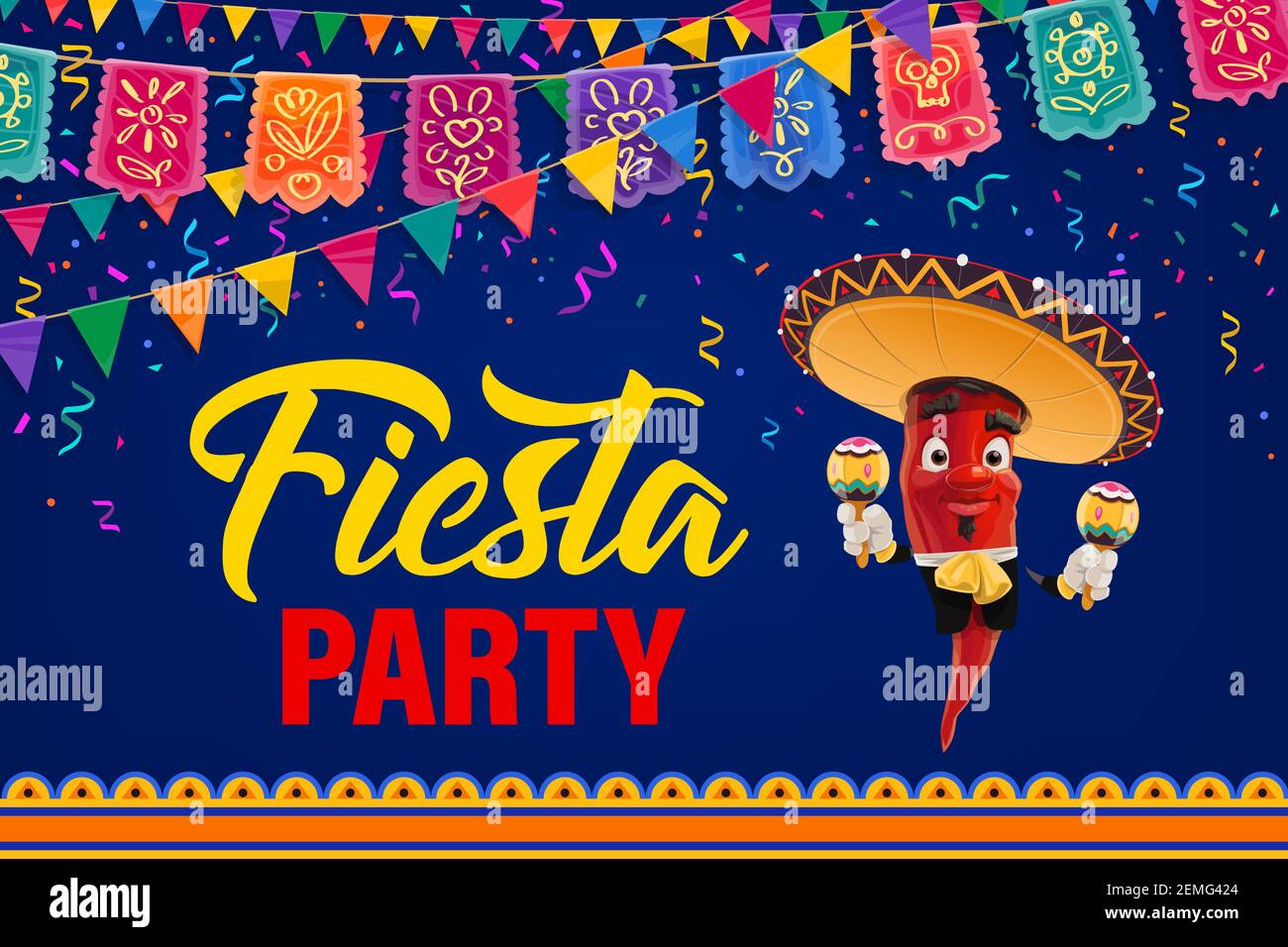 Mexican fiesta party vector poster. Cartoon pepper Mariachi character ...