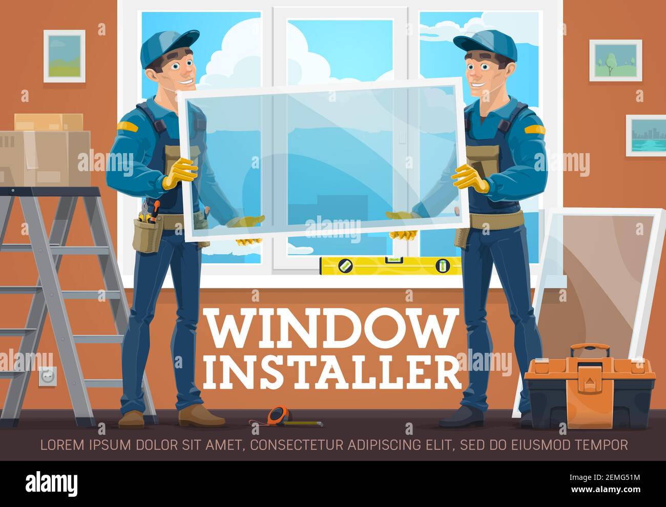 Windows installers service vector banner. Construction workers holding ...