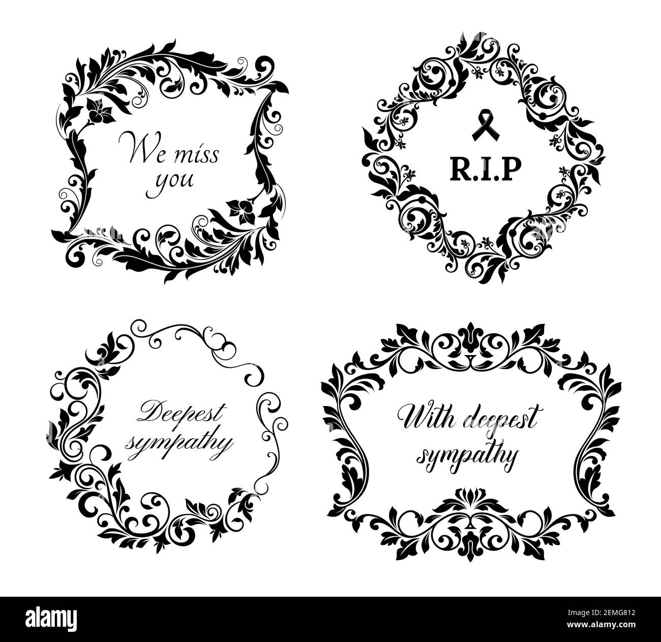 Funeral cards, vector vintage condolence floral wreaths, ornament with flourishes and obituary ...