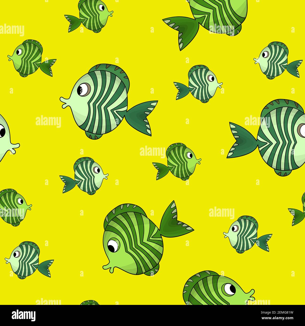 Seamless pattern with cute fish on yellow background. Vector cartoon ...