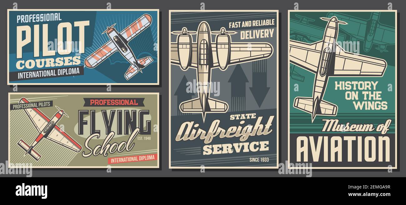 Pilot courses and flying school banners. Air cargo or freight delivery ...