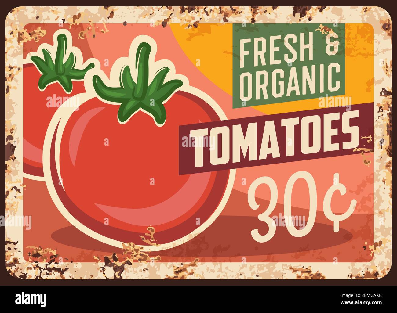 Tomatoes rusty metal plate, vector farm market price tag, vintage rust ...