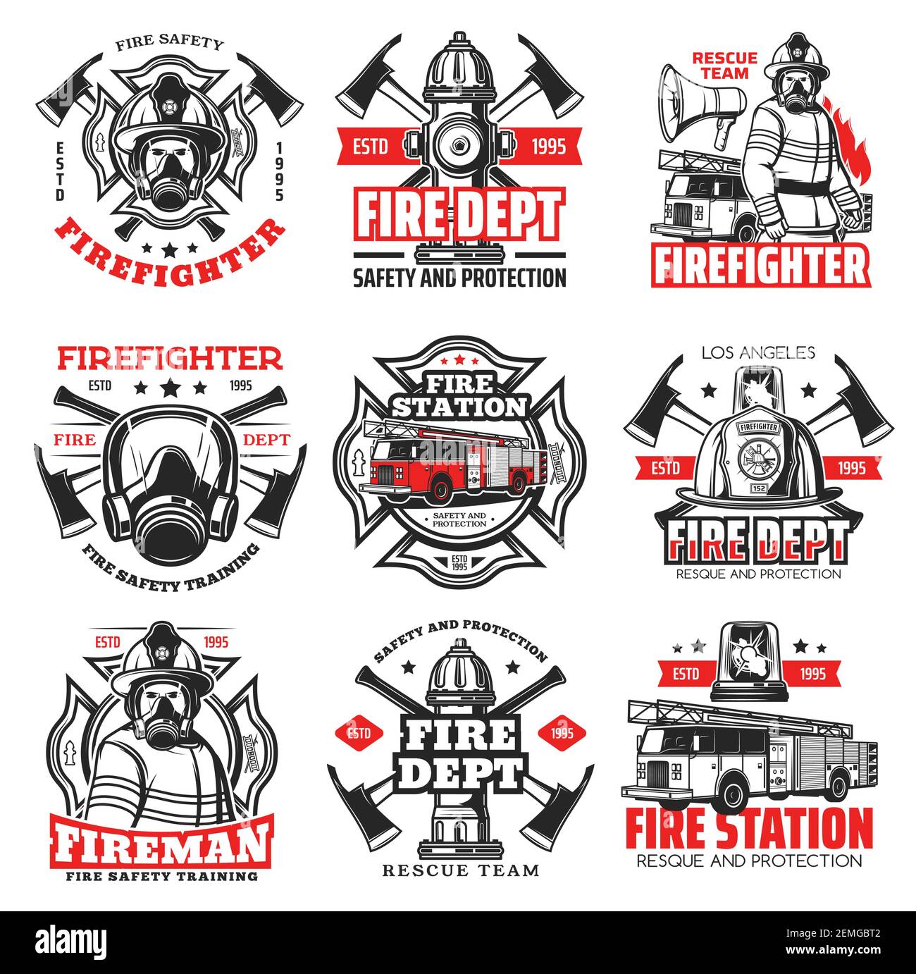 Fire and firefighter department icons, fireman helmet and axe vector ...