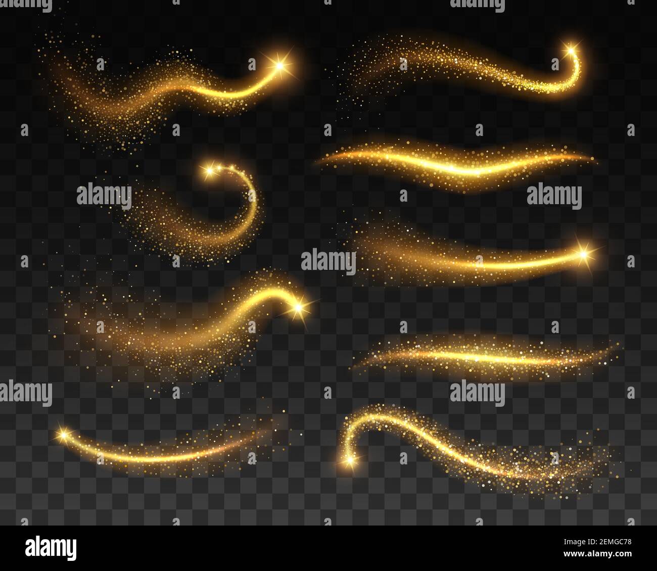 Stars with glowing golden sparkles, vector light effects on transparent ...