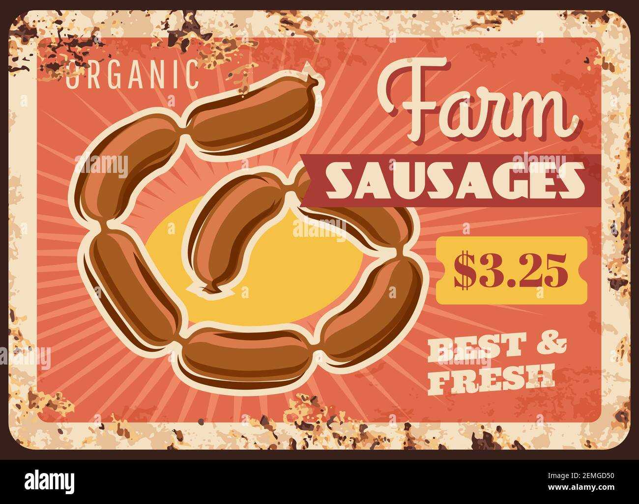 Farm sausages chain rusty metal plate, vector price tag for butcher ...