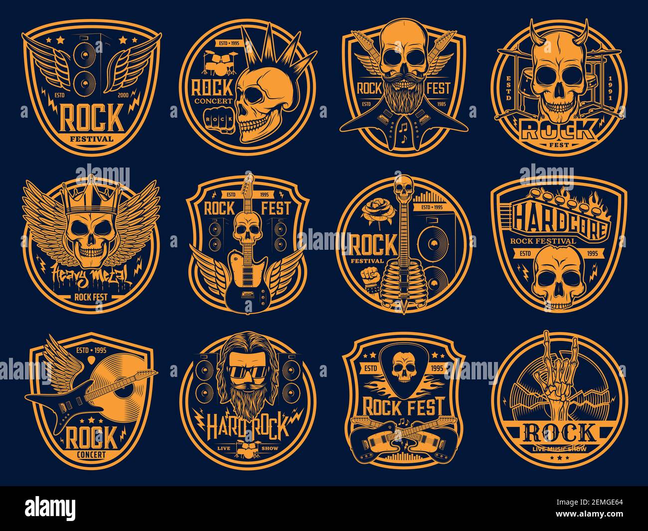 Heavy rock and punk music icons set. Rock festival and heavy metal live ...