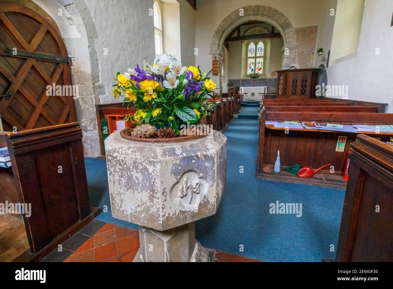 Interior of the small, historic Wisley Church, a 12th century Norman ...