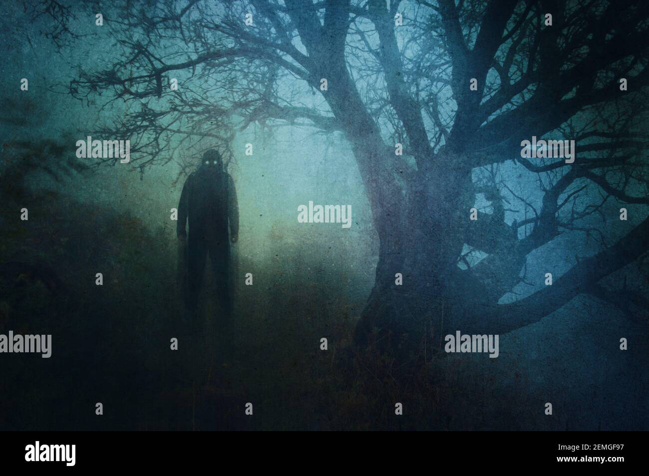 A horror concept of a ghostly figure with glowing eyes in a forest on a ...