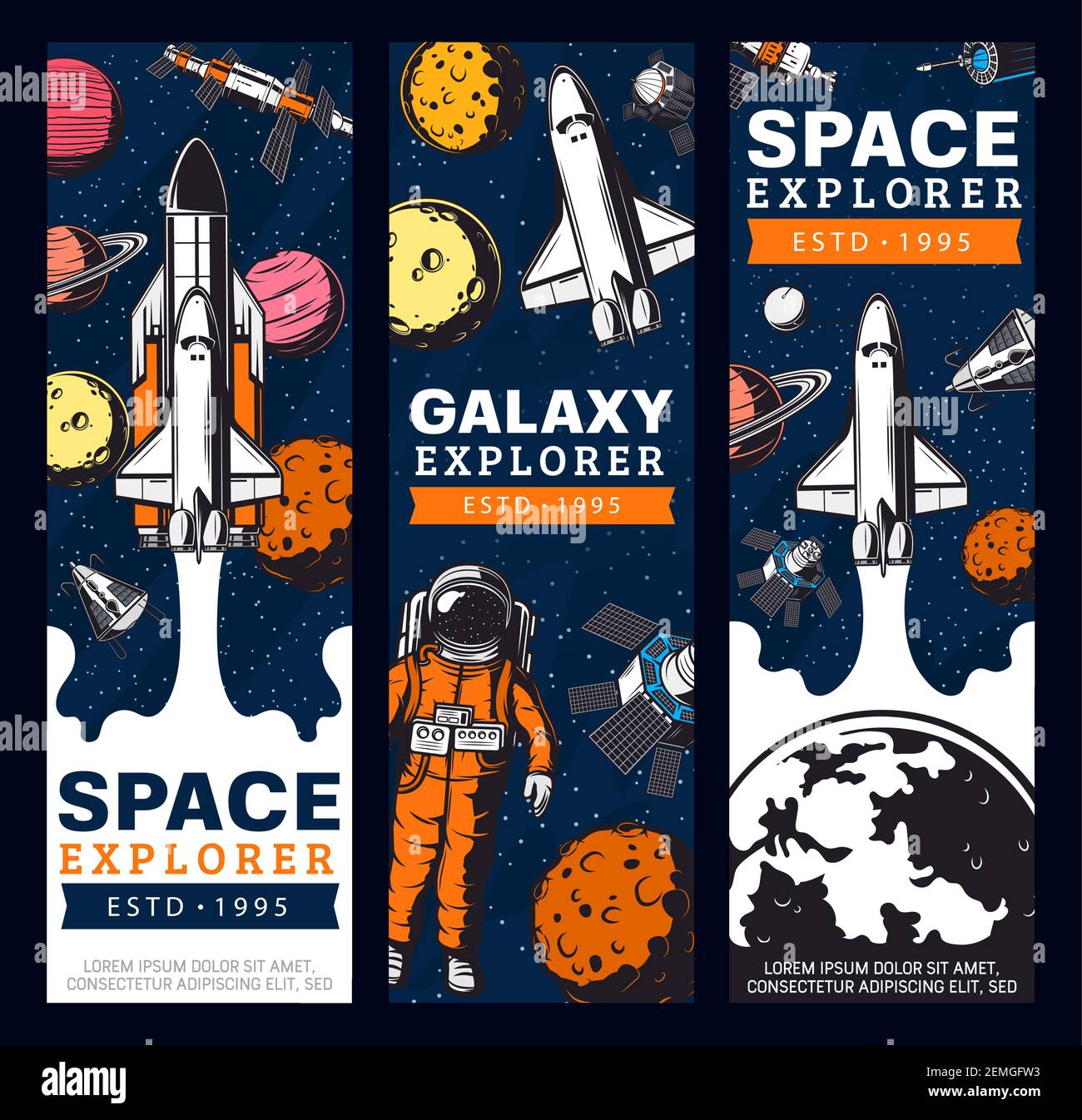Space exploration retro vector banners. Galaxy expedition adventure ...