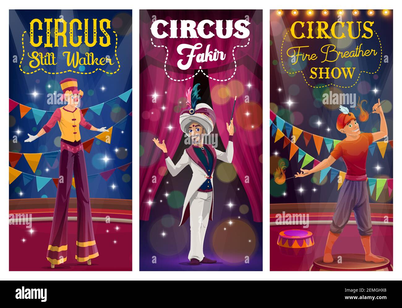 Circus cartoon magician, stilt walker and fire breather performing ...