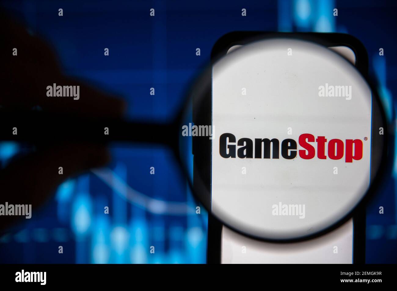 LONDON, UK - February 2021: Gamestop video game logo under magnifying ...