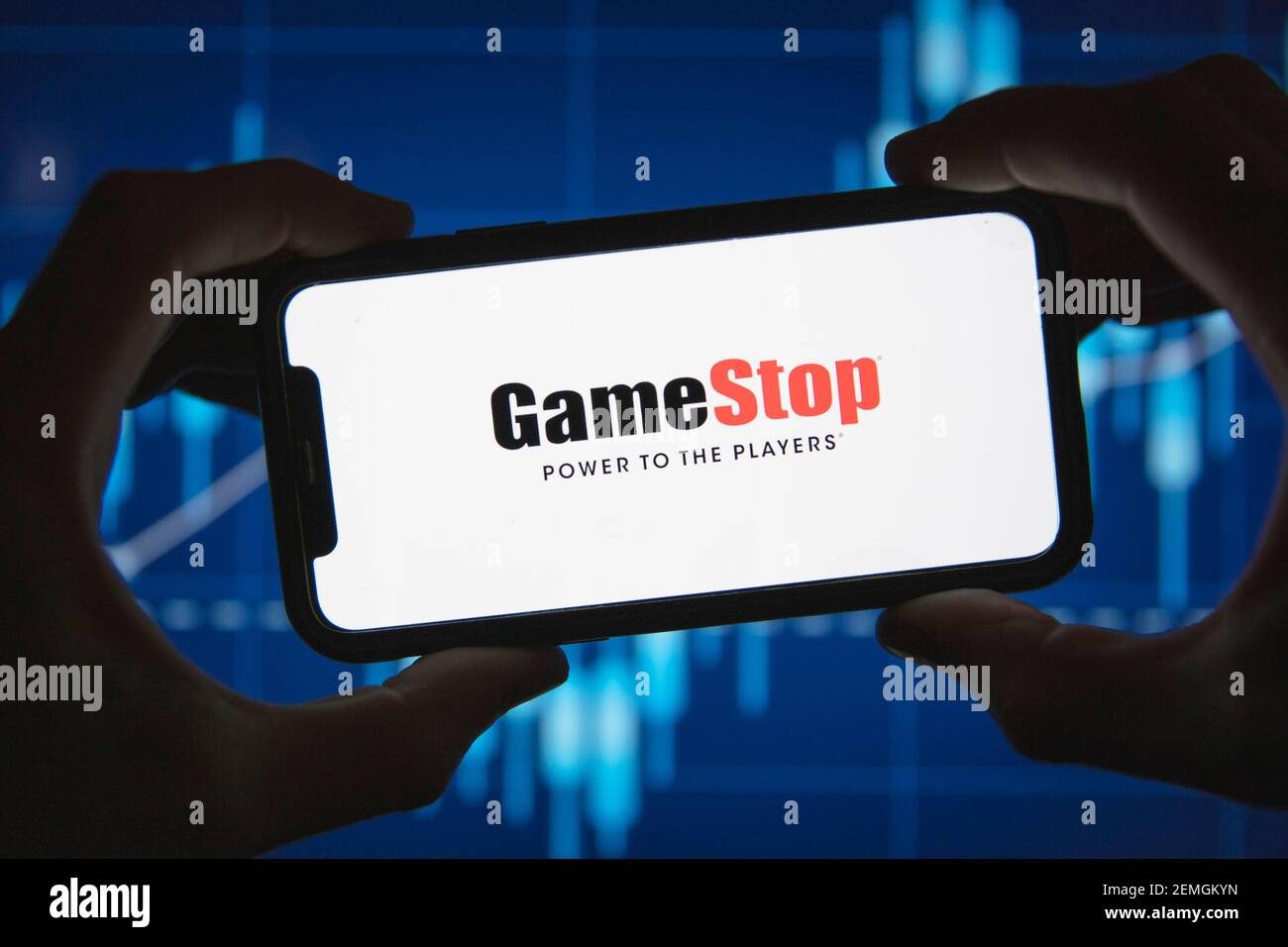 LONDON, UK - February 2021: Gamestop logo in front of stock market ...