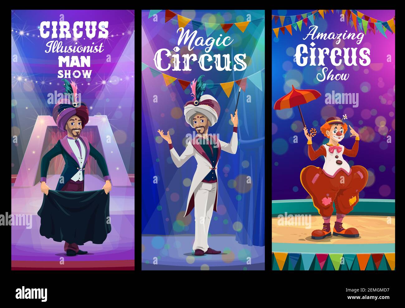 Circus show with clown and illusionist on big top arena. Vector ...