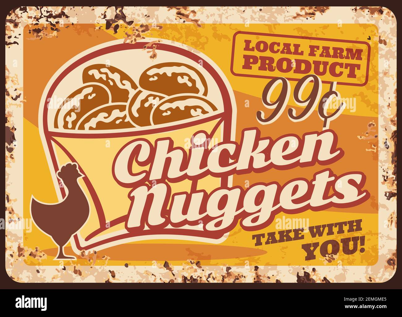 Chicken nuggets rusty metal plate, vector takeaway crispy fried hen ...