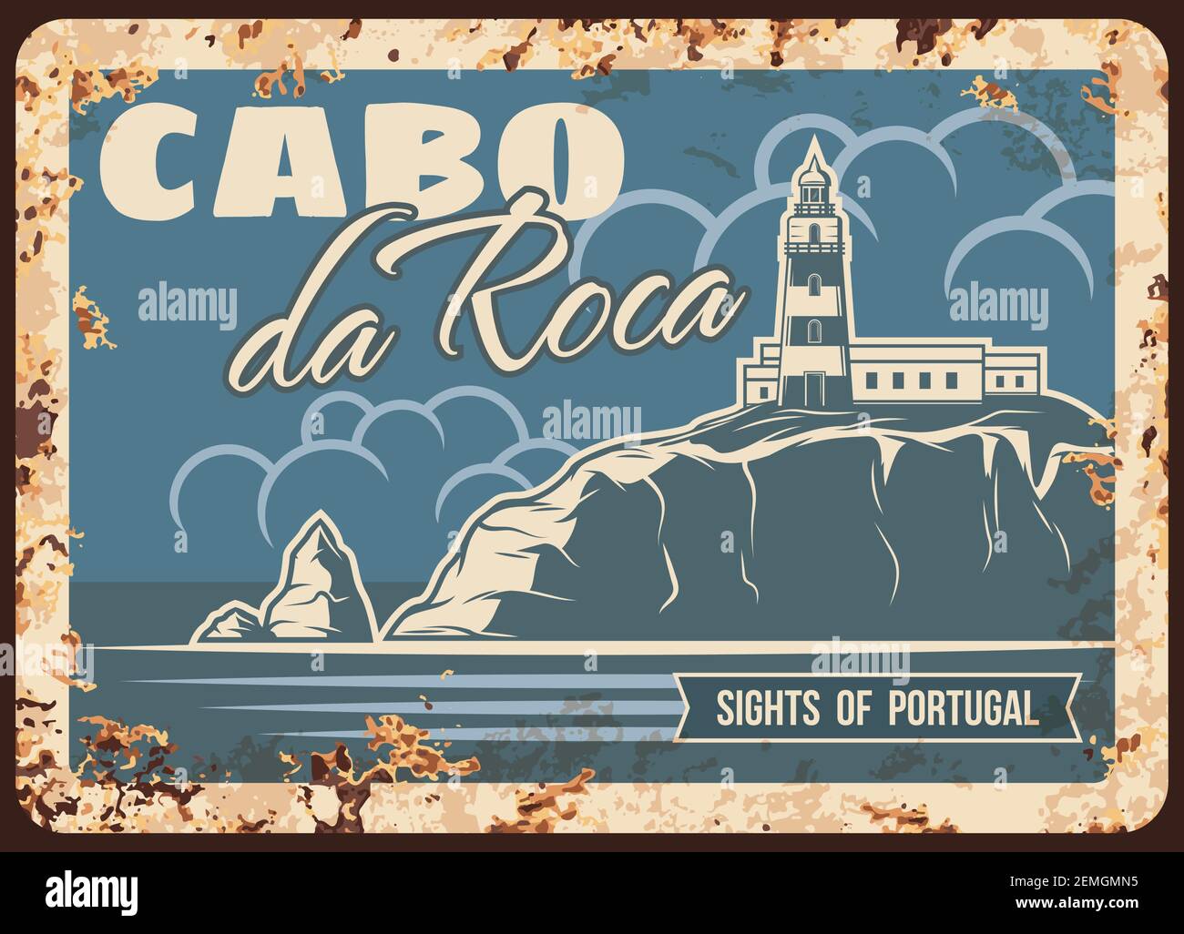 Cabo da Roca rusty metal plate, vector Portugal landmark vintage rust ...