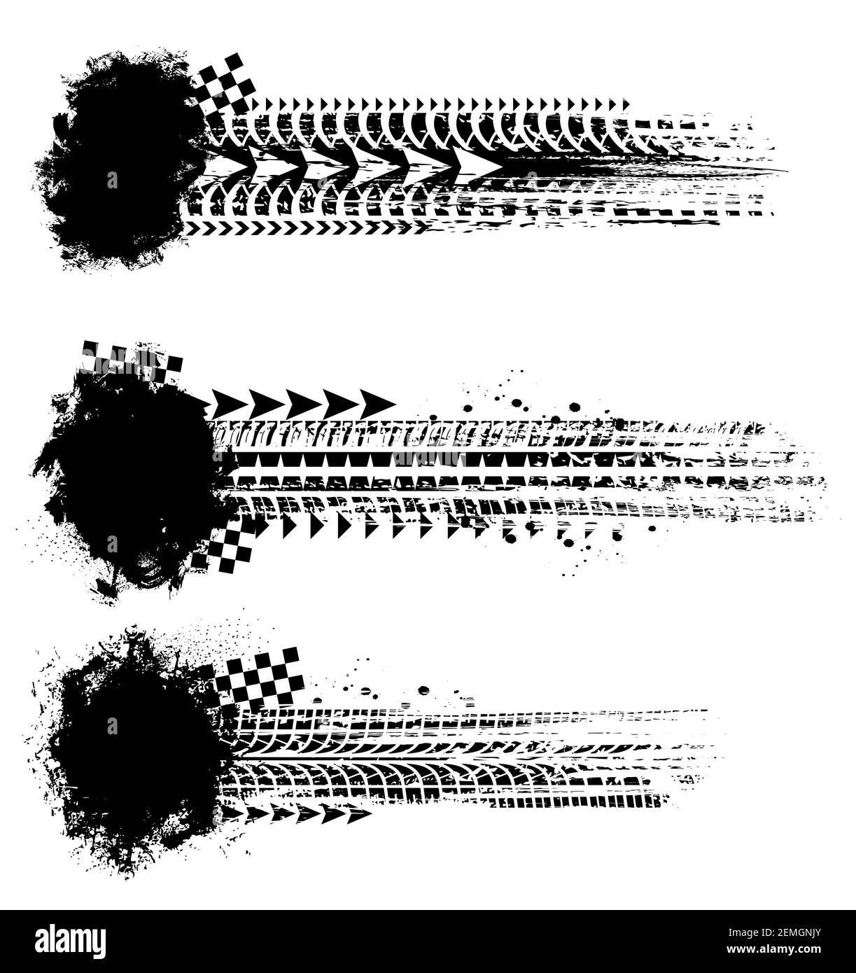 Offroad sport, tire prints with chequered flag and arrows, car tyres ...