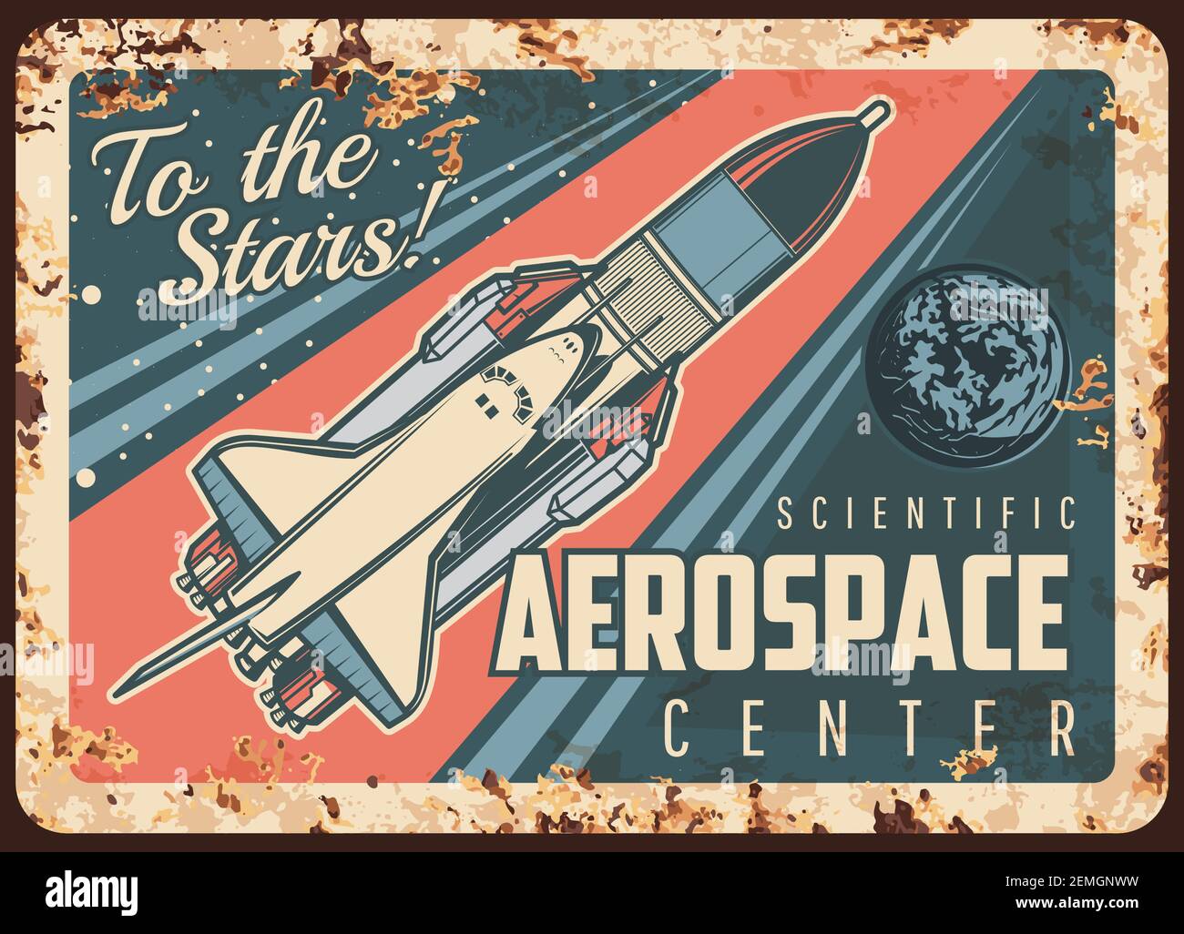Aerospace scientific center vector rusty metal plate. Rocket carrier ...