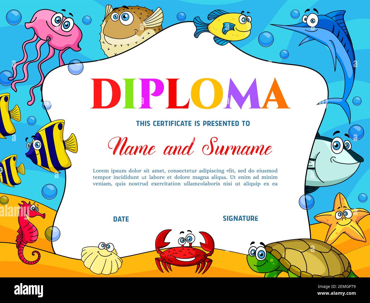Kids education diploma with puffer fish, crab and turtle. School or ...