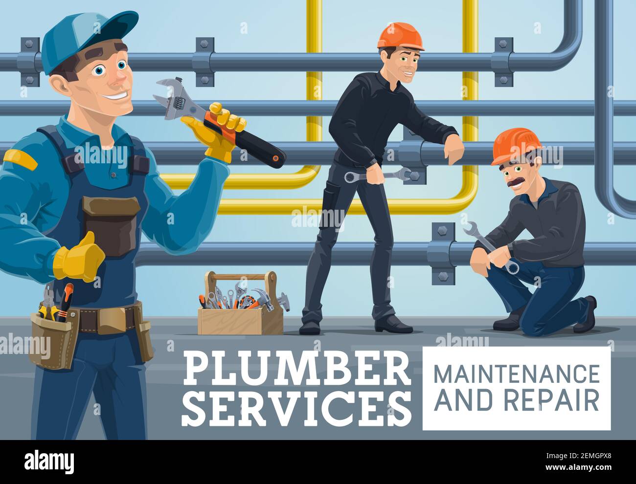 Plumber service maintenance and repair works. Plumbers team tightening ...