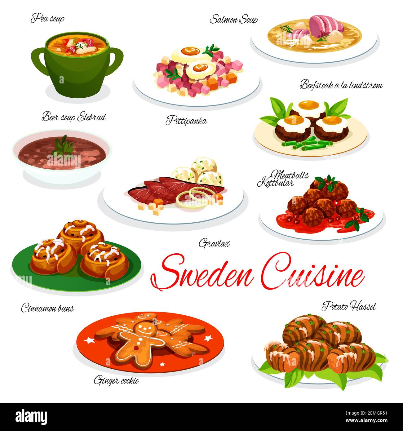 Sweden cuisine meals, scandinavian food dishes vector. Pea, salmon and ...