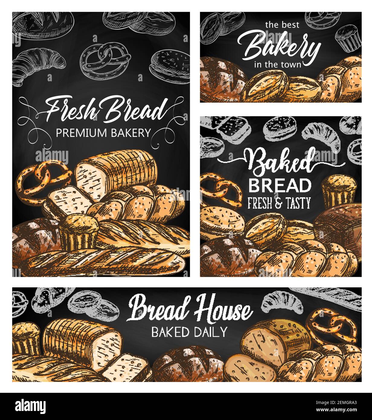 Bakery fresh bread sketch vector banners. Baguette and bloomer loaf ...