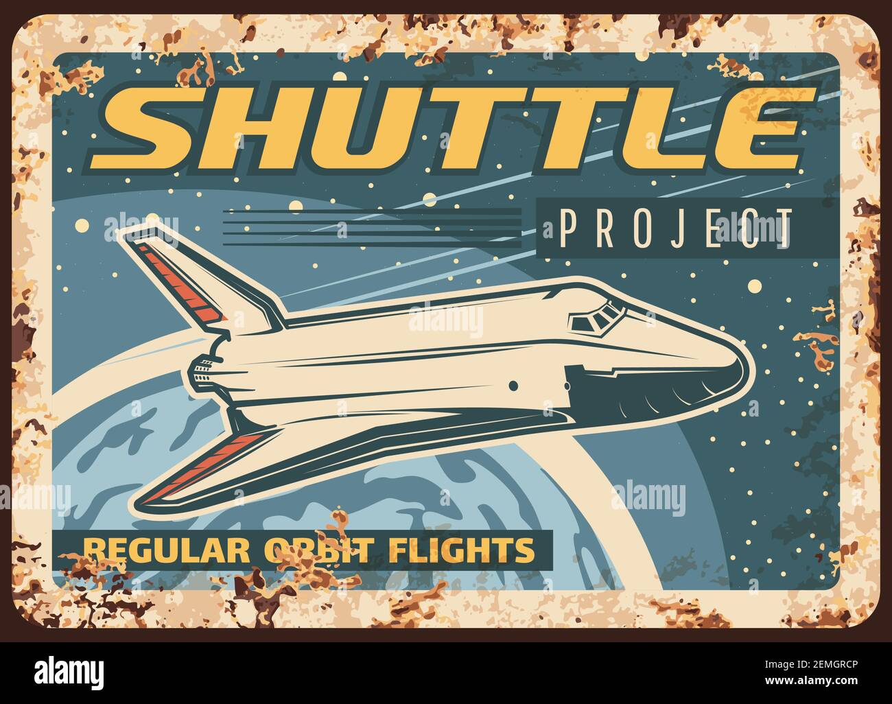 Shuttle project vector rusty metal plate. Space, galaxy exploration ...