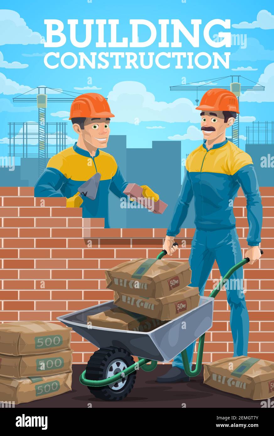 Building construction workers. Mason or bricklayer laying bricks with ...