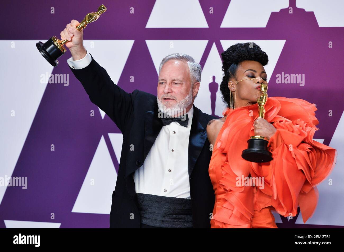 Hannah Beachler and Jay Hart posing in the Press Room at the 91st ...