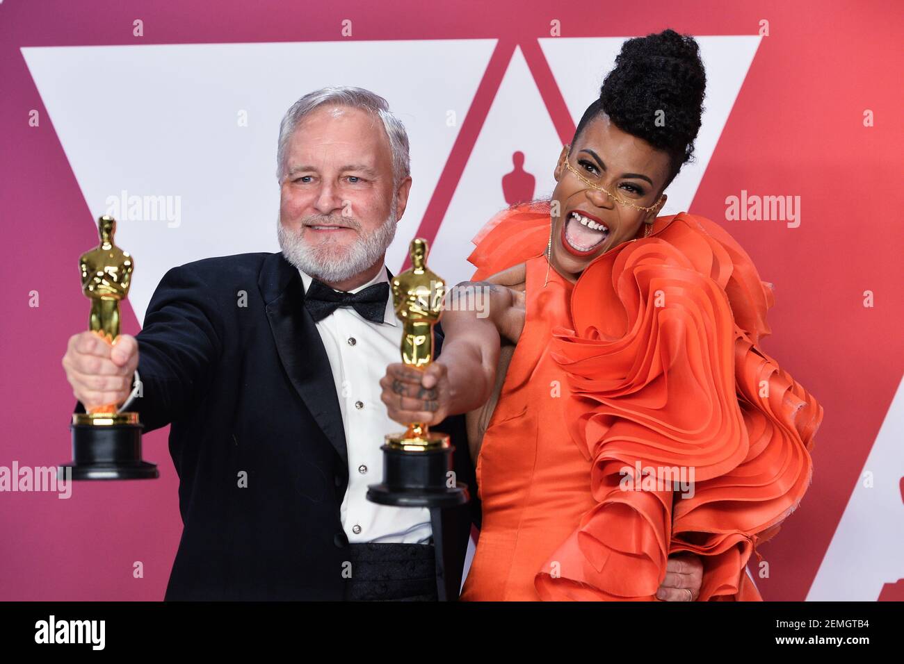 Hannah Beachler and Jay Hart posing in the Press Room at the 91st ...