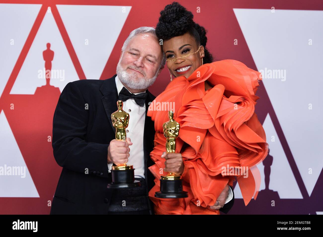 Hannah Beachler and Jay Hart posing in the Press Room at the 91st ...