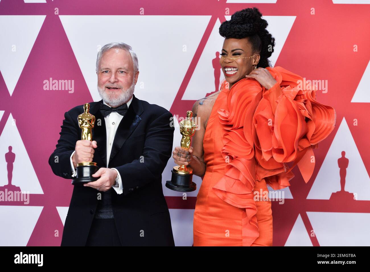 Hannah Beachler and Jay Hart posing in the Press Room at the 91st ...