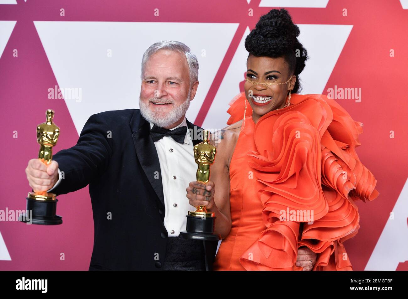 Hannah Beachler and Jay Hart posing in the Press Room at the 91st ...