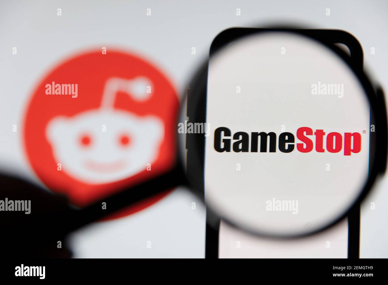 LONDON, UK - February 2021: Gamestop and reddit logos under analysis ...