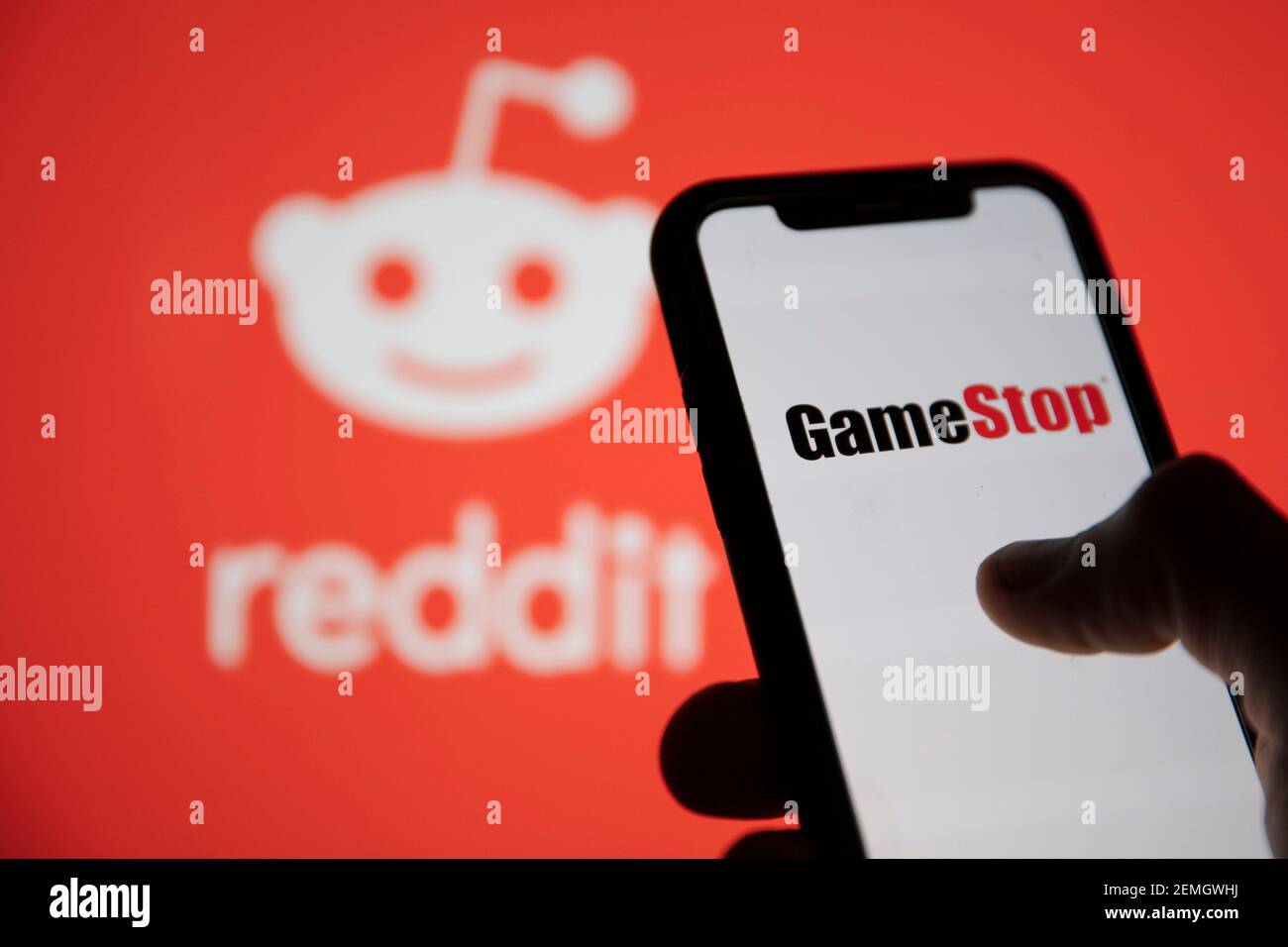 LONDON, UK - February 2021: Smartphone showing Gamestop logo by a ...