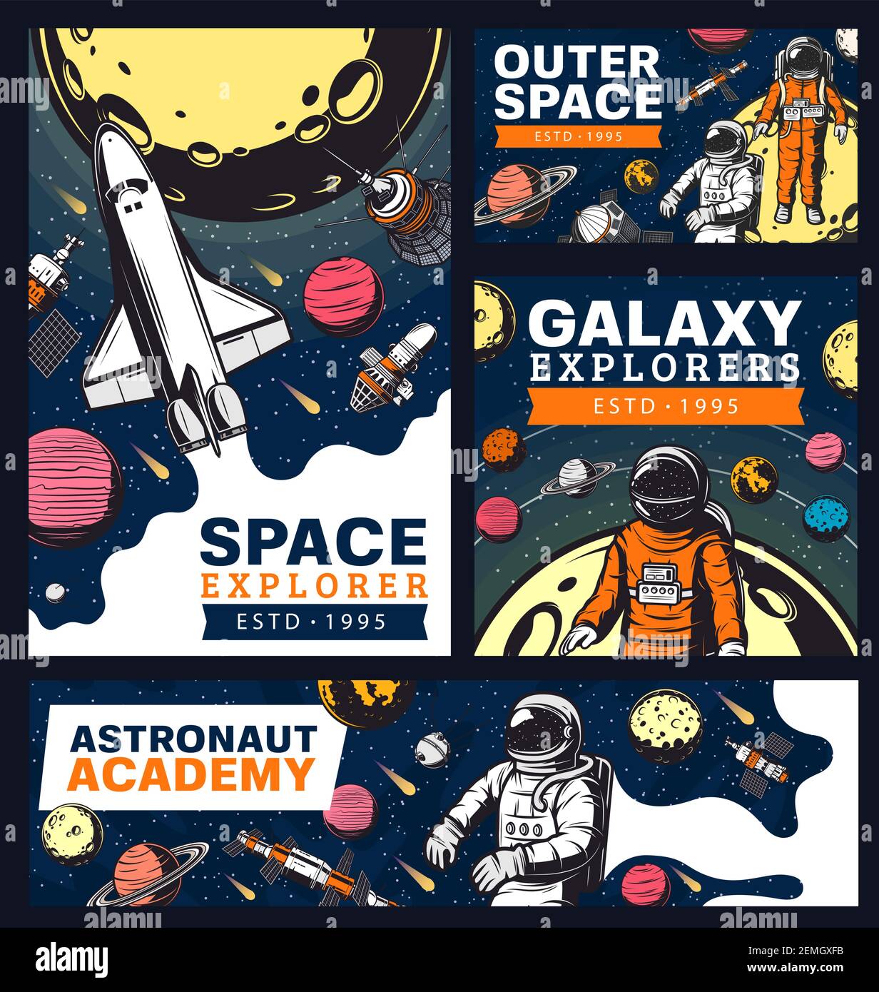 Astronaut academy, space and galaxy exploration with shuttles retro ...