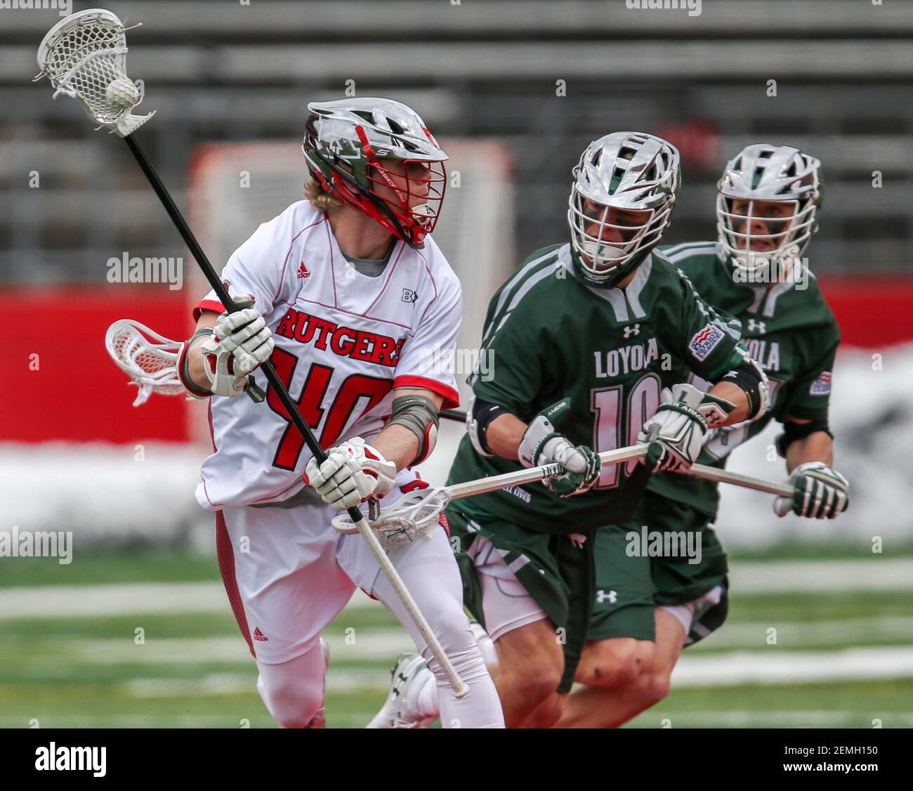 February 23, 2019: Rutgers Garrett Michaeli (40) tries to get by Loyola ...